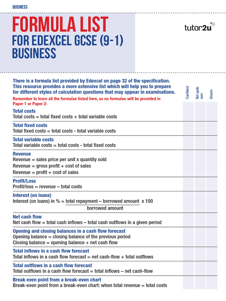Edexcel GCSE Business Formulae List | PDF | Financial Economics ...
