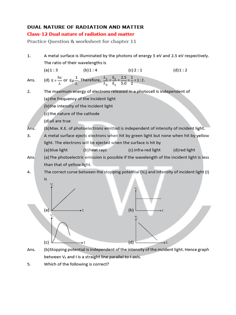 Practice Question & Worksheet For Chapter 11: Class-12 Dual Nature of ...