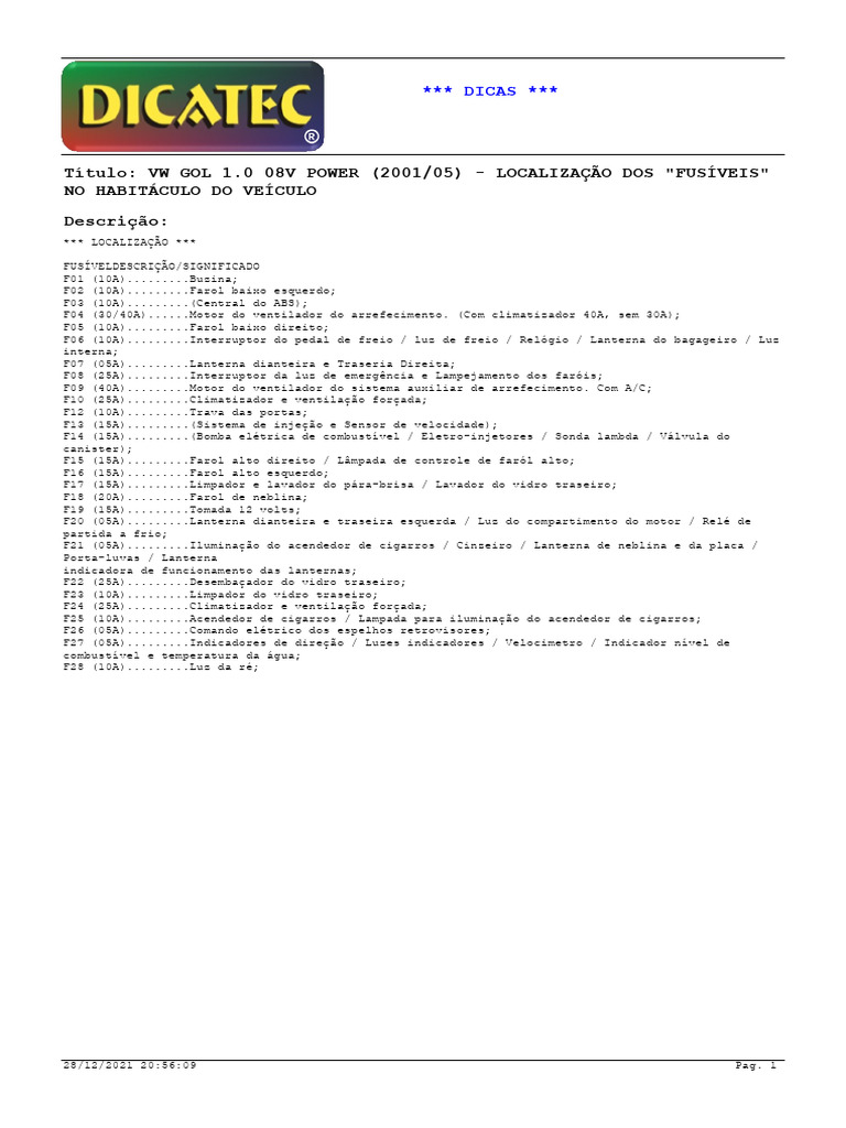 Tabela De Fusiveis Gol G3 Power Pdf