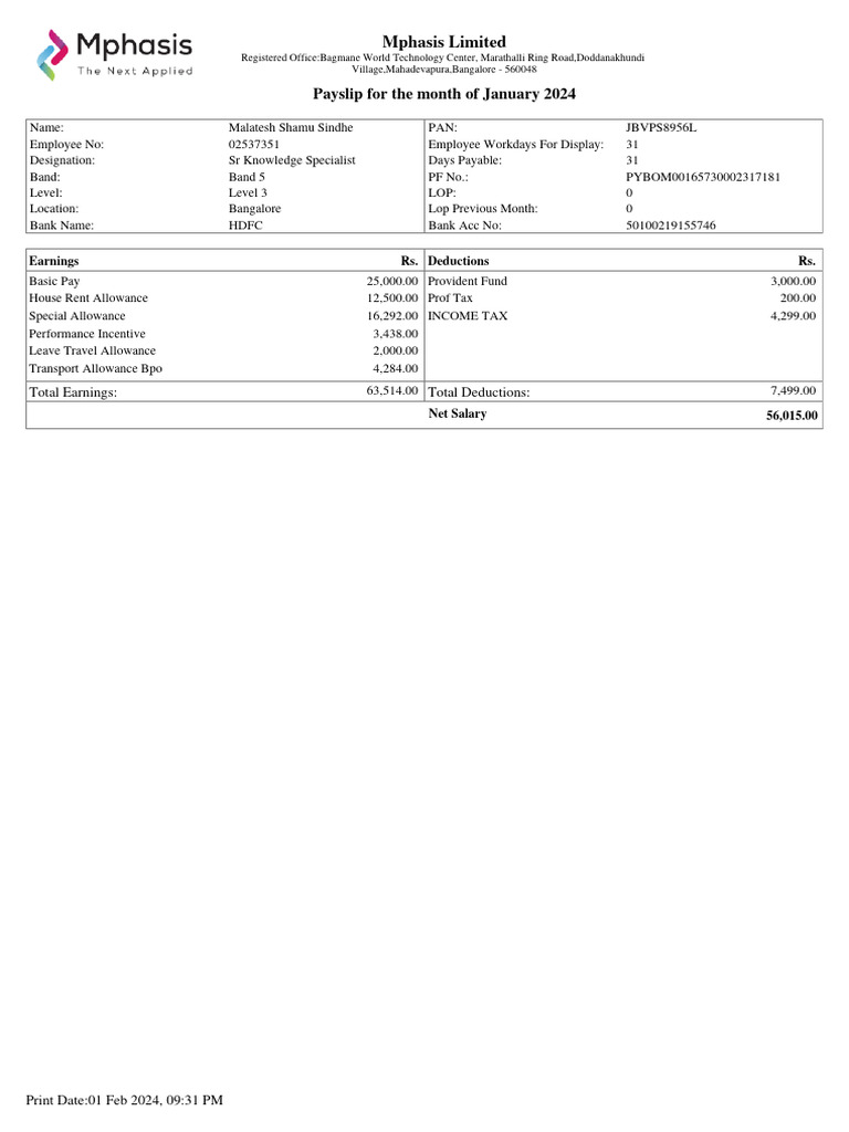 Payslip Jan 2024 | PDF