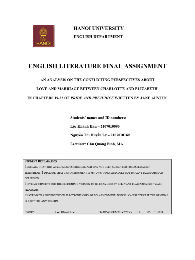 Student Assignment Declaration | PDF | Mr. Darcy | Pride And Prejudice