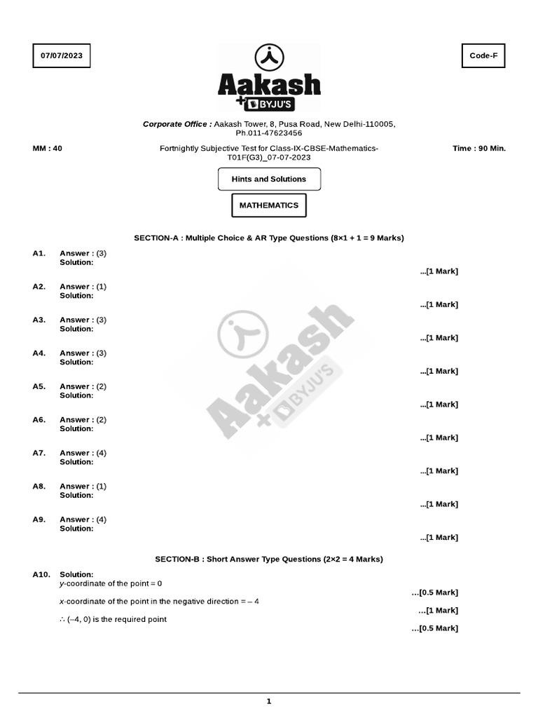 FST-1F (CBSE - G-3) Maths (C-09) (07-07-2023) - SOL | PDF
