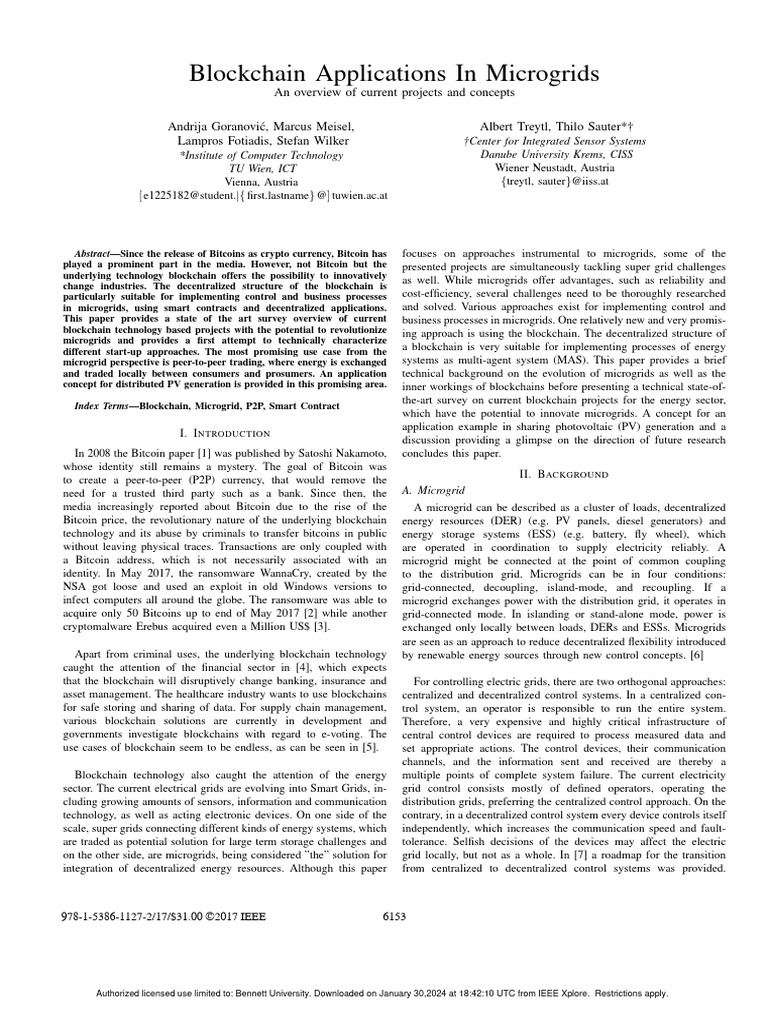 2017 Blockchain Applications In Microgrids An Overview Of Current Projects And Concepts Pdf