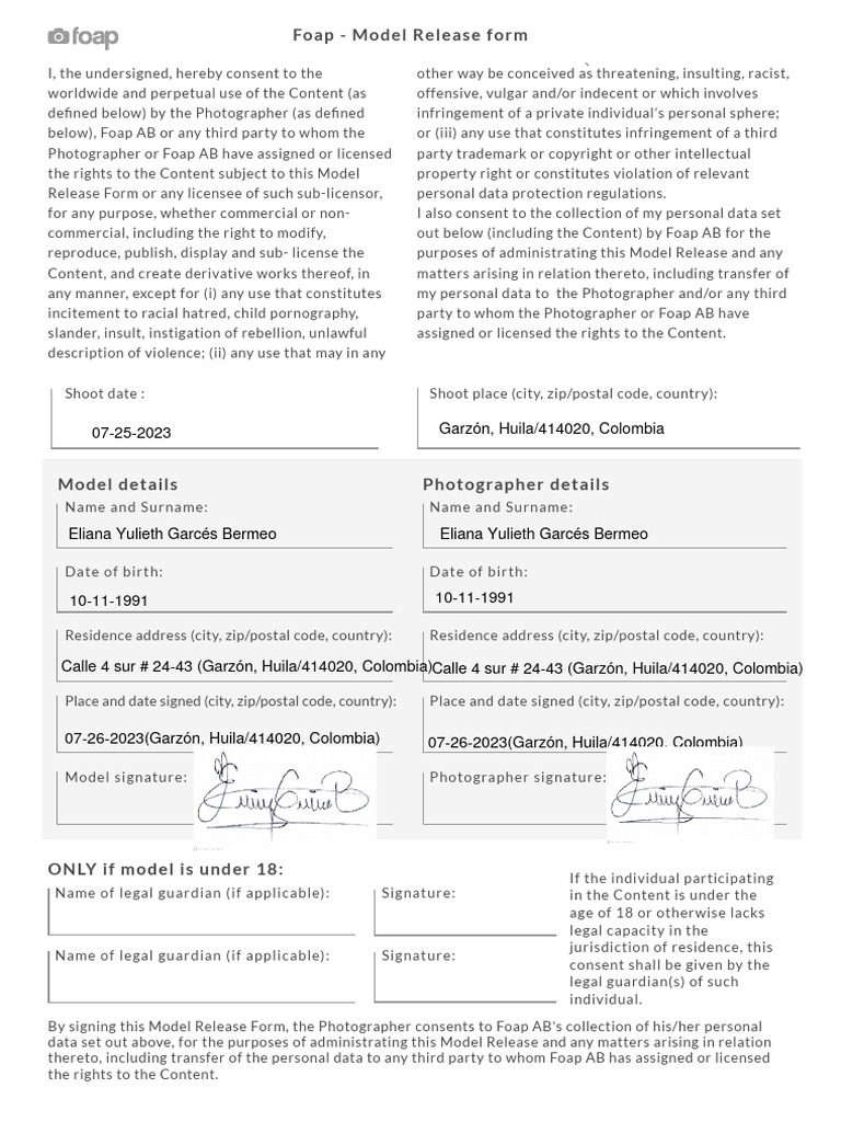 Foap Model Release Eliana | PDF | Copyright Infringement | Business Law