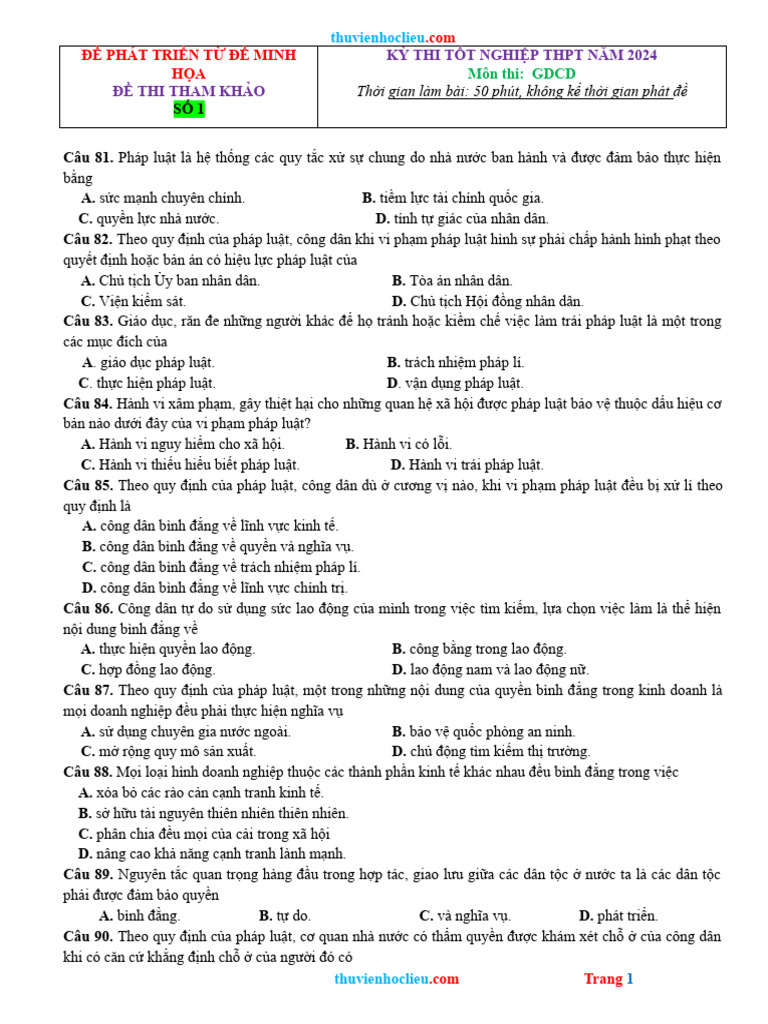 10 de On Thi TN THPT 2024 GDCD Phat Trien de Minh Hoa | PDF