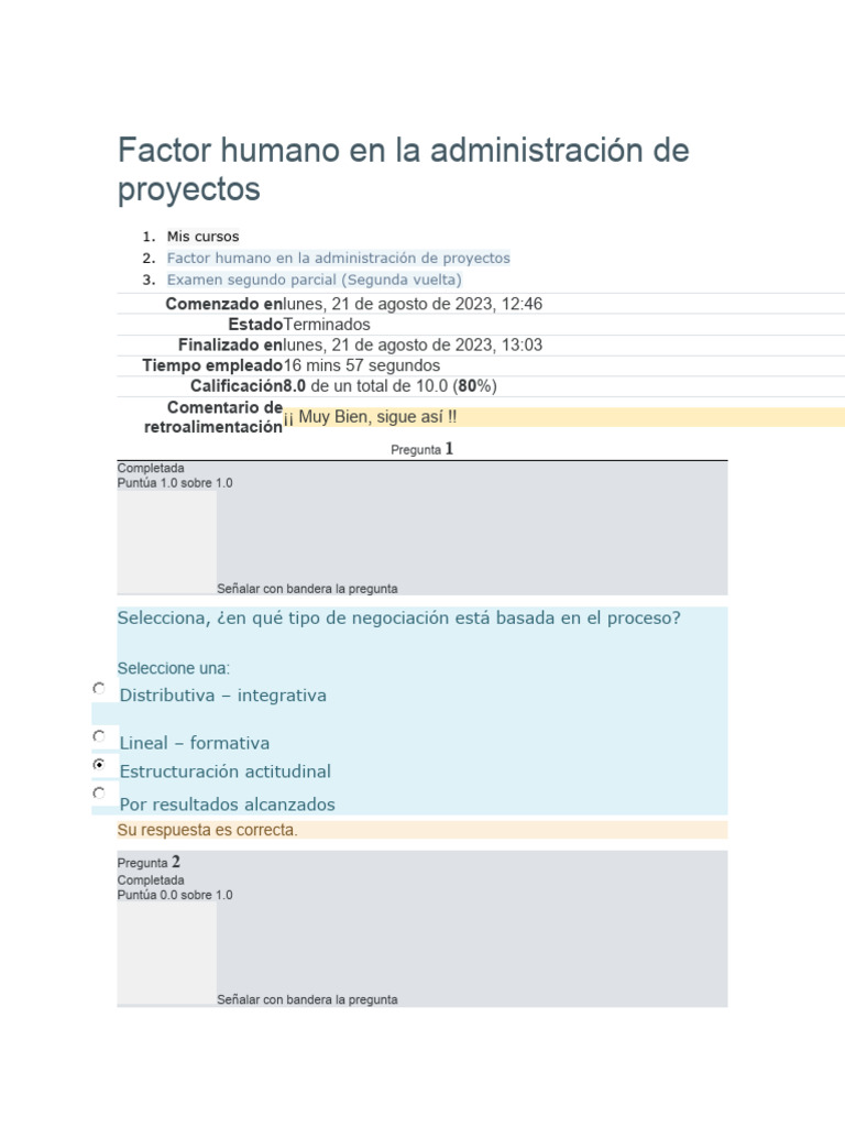 Factor Humano en La Administración de Proyectos Examen Segundo Parcial (Segunda Vuelta) | PDF ...