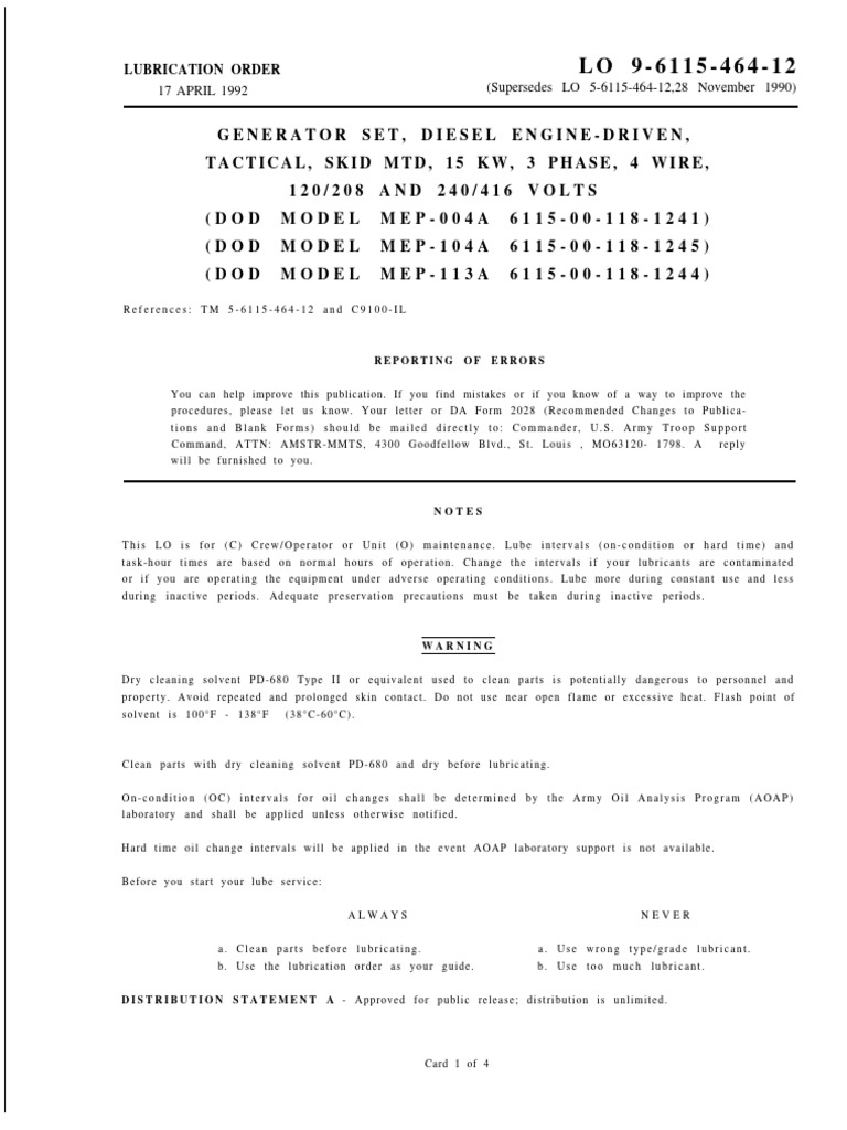 MEP 004A Military Generator - Lubrication Order - LO 9-6115-464-12 ...