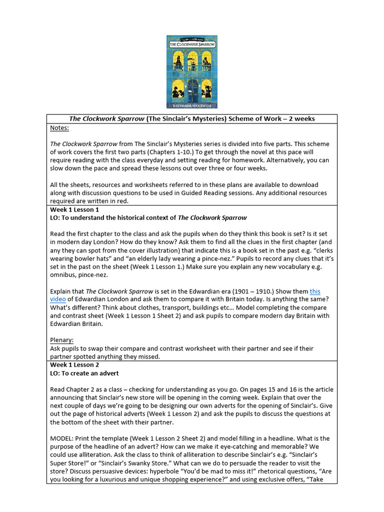The Clockwork Sparrow Lesson Plan KS2 | PDF | Advertising | Books