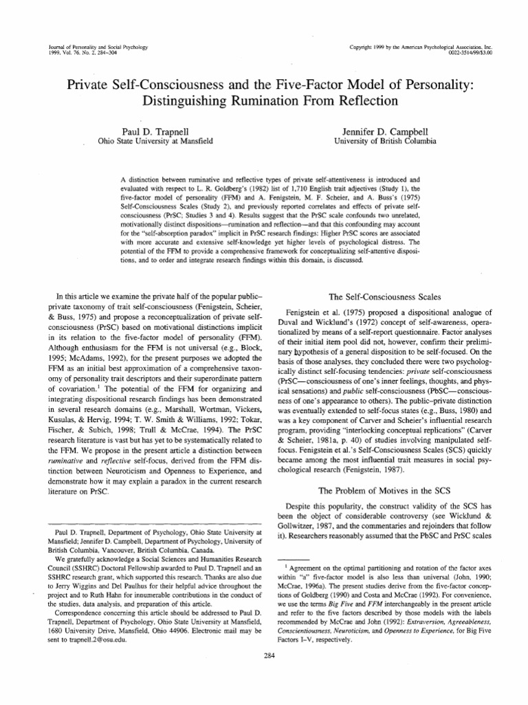 Trapnell 1999 | PDF | Affect (Psychology) | Self Awareness