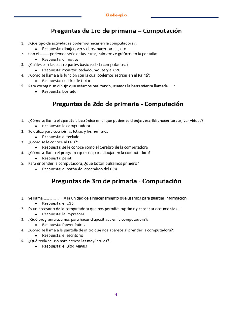 PREGUNTAS DE COMPUTACION PRIMARIA | Descargar gratis PDF | Microsoft PowerPoint | Archivo de ...