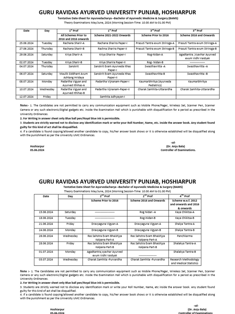 Revised Date Sheet BAMS BUMS May June 2024 | PDF | Ayurveda | Asian Traditional Medicine