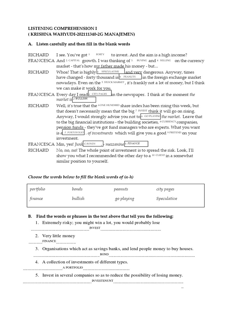 LISTENING COMPREHENSION - Stock market (1) | PDF | Investing | Bonds ...