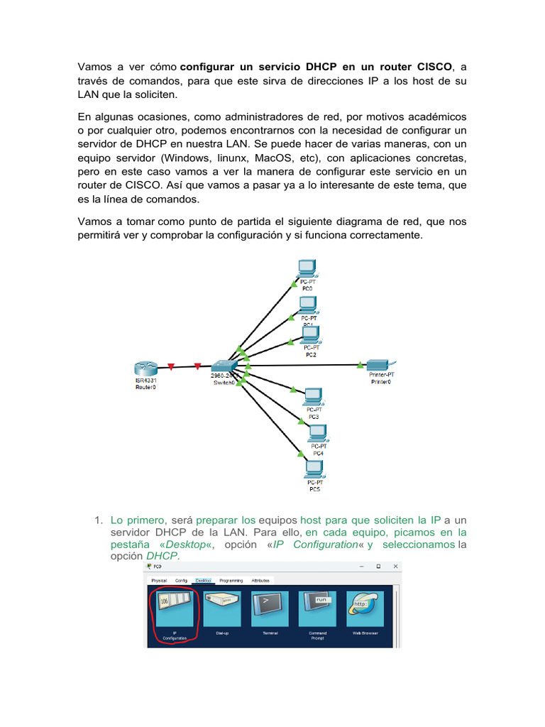 Configuración paso a paso DHCP Packet Tracer | PDF | Dirección IP | Enrutador (Computación)