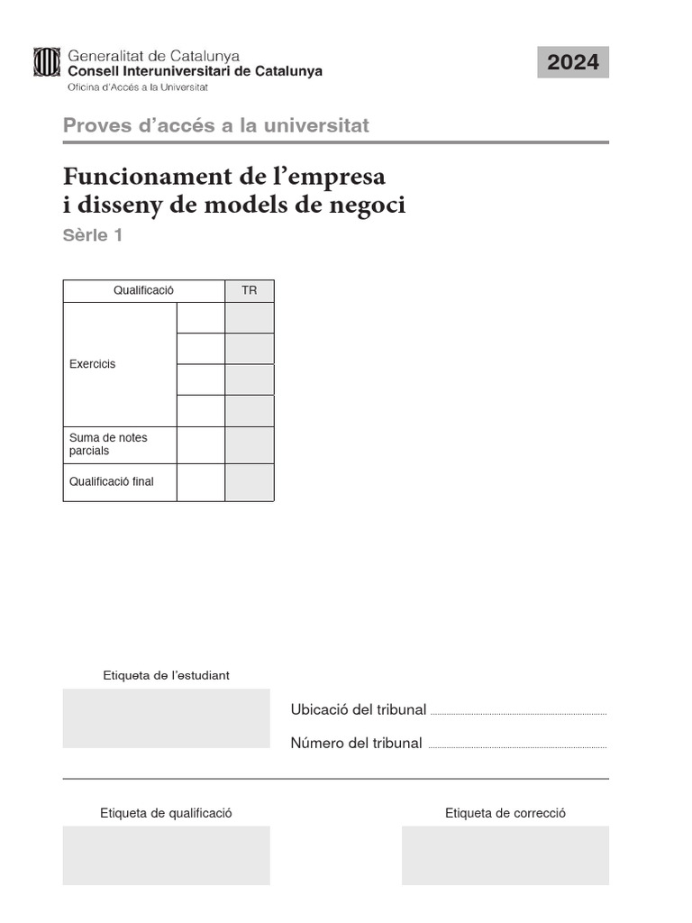 Examen Funcionament de L'empresa I Disseny de Models de Negoci PAU 2024 ...