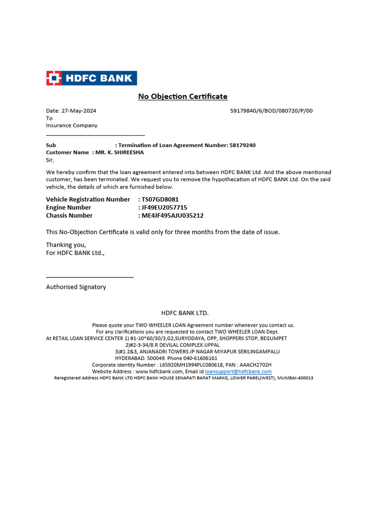 No Objection Certificate for Loan Termination | PDF