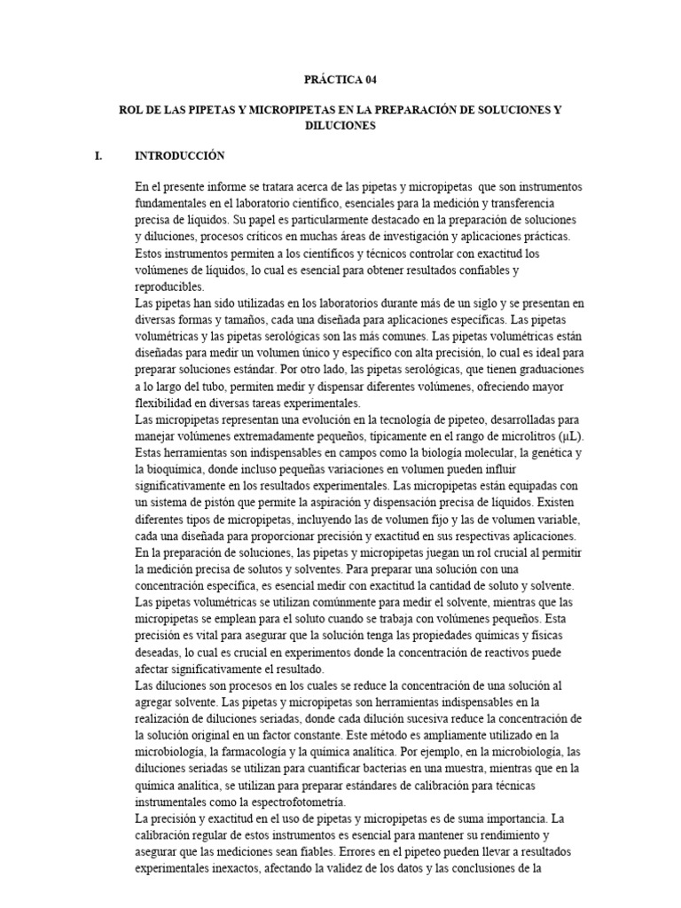 Uso de Pipetas en Soluciones y Diluciones | PDF