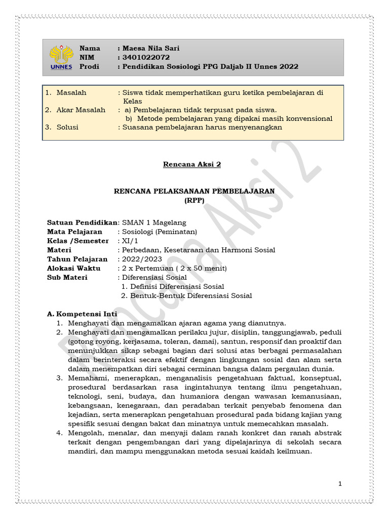 Rencana Aksi II RPP Maesa Nila Sari PPG Sosiologi - 240520 | PDF