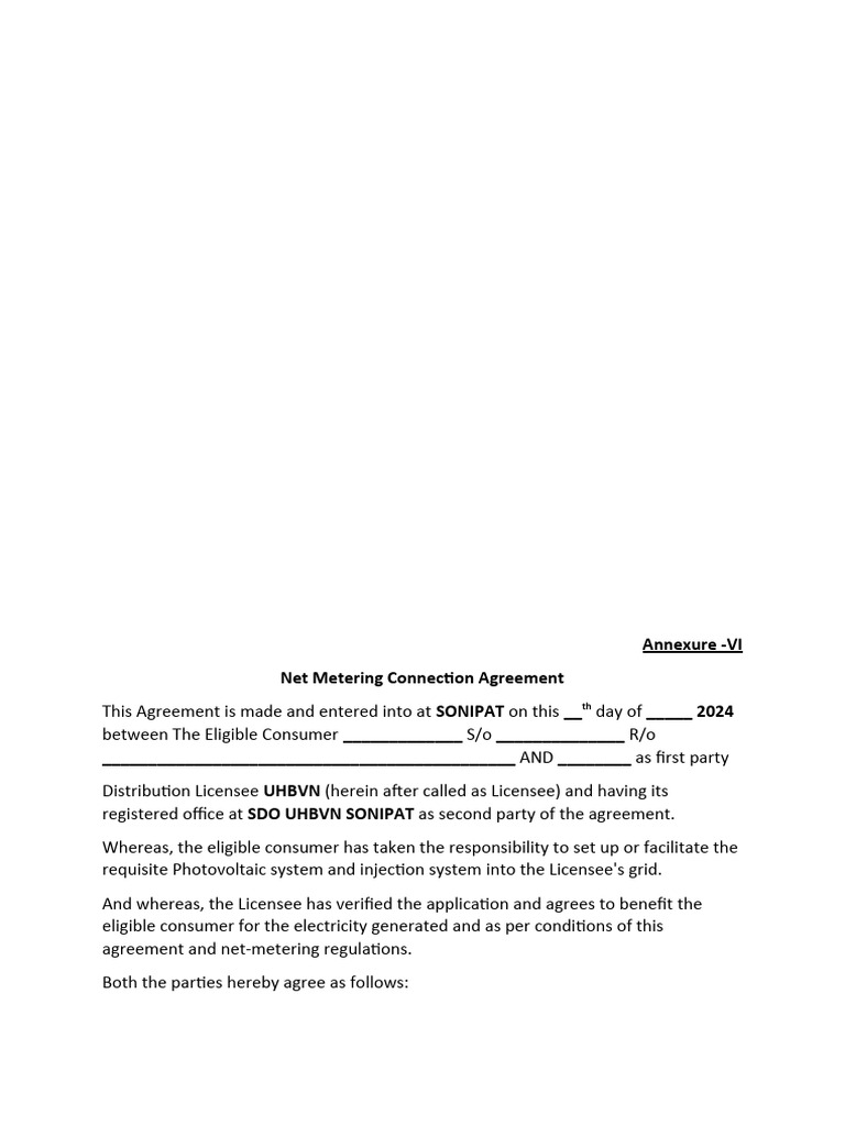 Net Metering Connection Agreement Format | PDF | Photovoltaic System ...