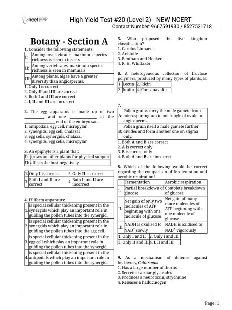 High Yield Test #20 (Level 2) - NEW NCERT | PDF | Molecular Cloning ...