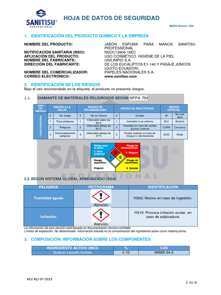 MSDS JABÓN ESPUMA PARA MANOS SANITISU PROFESSIONAL REV.#02. 07-2023 (3 ... MSDS JABÓN ESPUMA PARA MANOS SANITISU PROFESSIONAL REV.#02. 07-2023 (3 ...