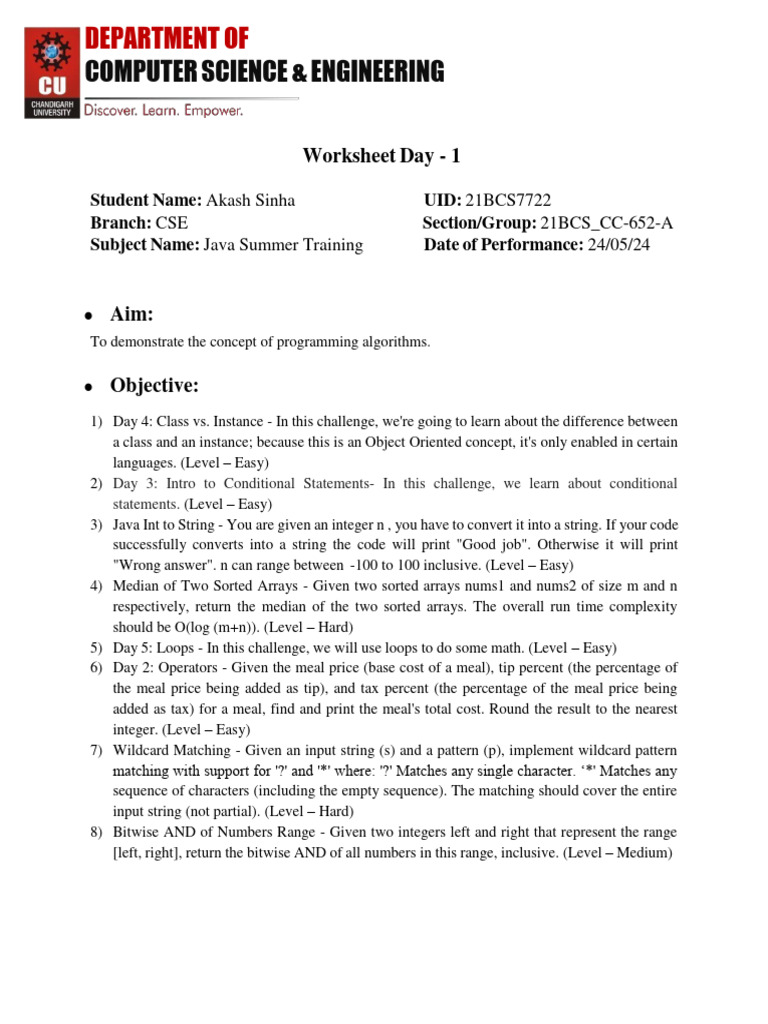 21BCS7722 AkashSinha JAVA SUMMERTRAINING DAY 1 | PDF | String (Computer Science) | Control Flow