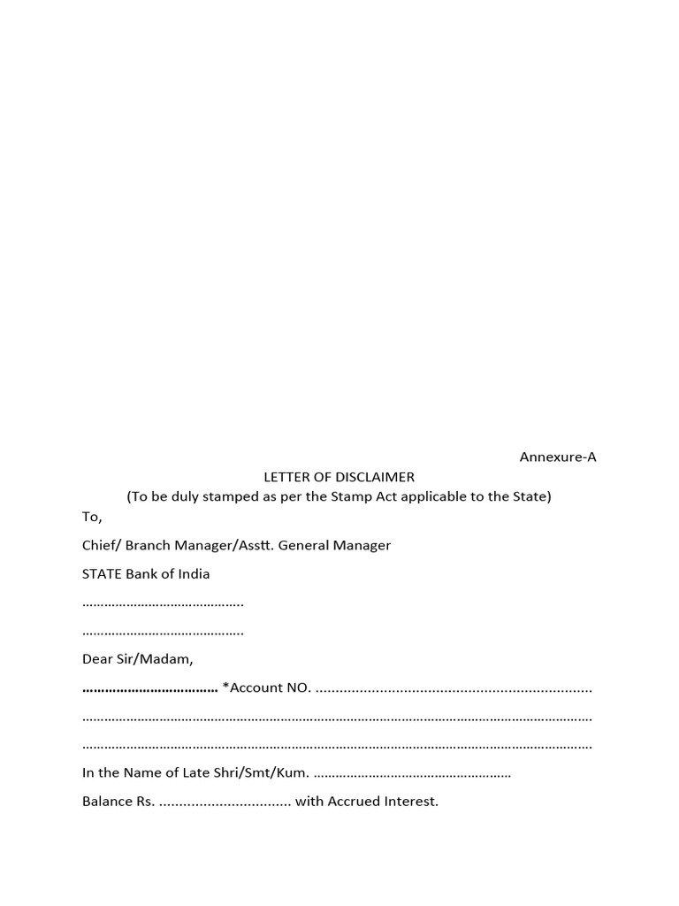 Letter of Disclaimer Sbi Format Deceased | PDF | Business | Finance ...