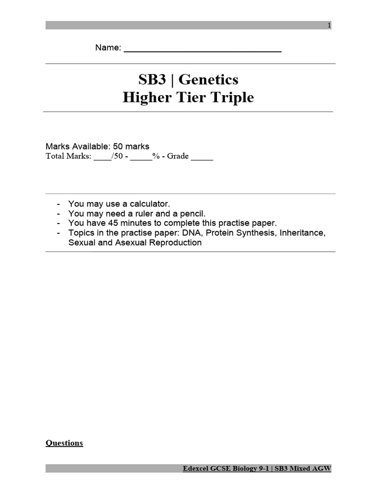 SB3 - Genetics - Edexcel Practice Paper | PDF | Genetics | Dna
