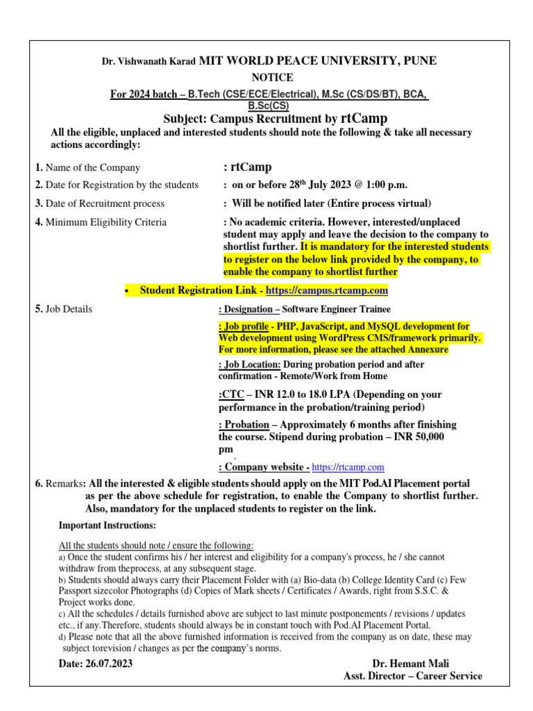 Rtcamp - Notice - 2025 Batch | PDF | Computing