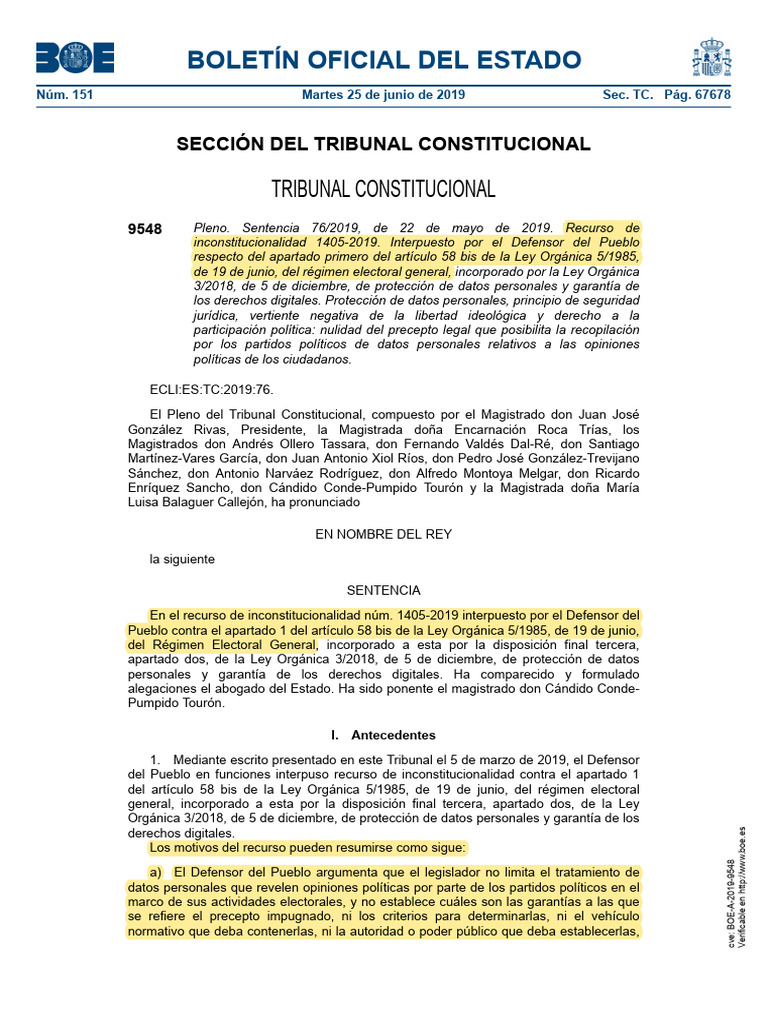 STC 76 2029 Loreg Lopd | PDF | Ley de la Unión Europea | Constitución