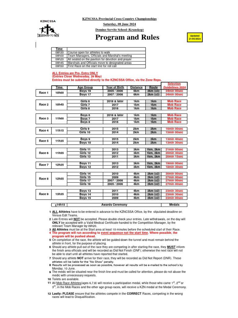 KZNCSSA XC Program and Rules 2024 - Final | PDF