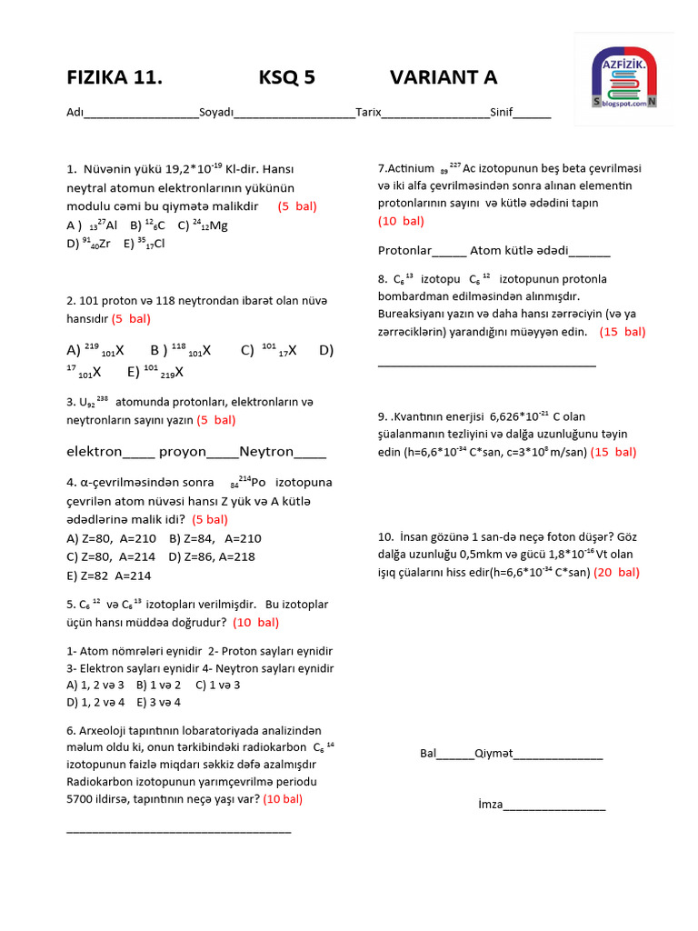 Fizika 11 - KSQ - 5 - Seyran Aliyev (Atom Fizikası) - Bal Sistemi | PDF