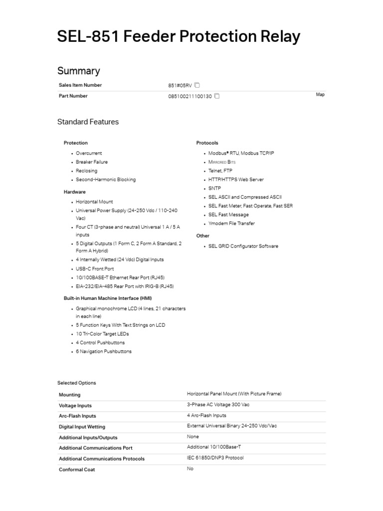SEL-851 Feeder Protection Relay - Summary - Schweitzer Engineering ...