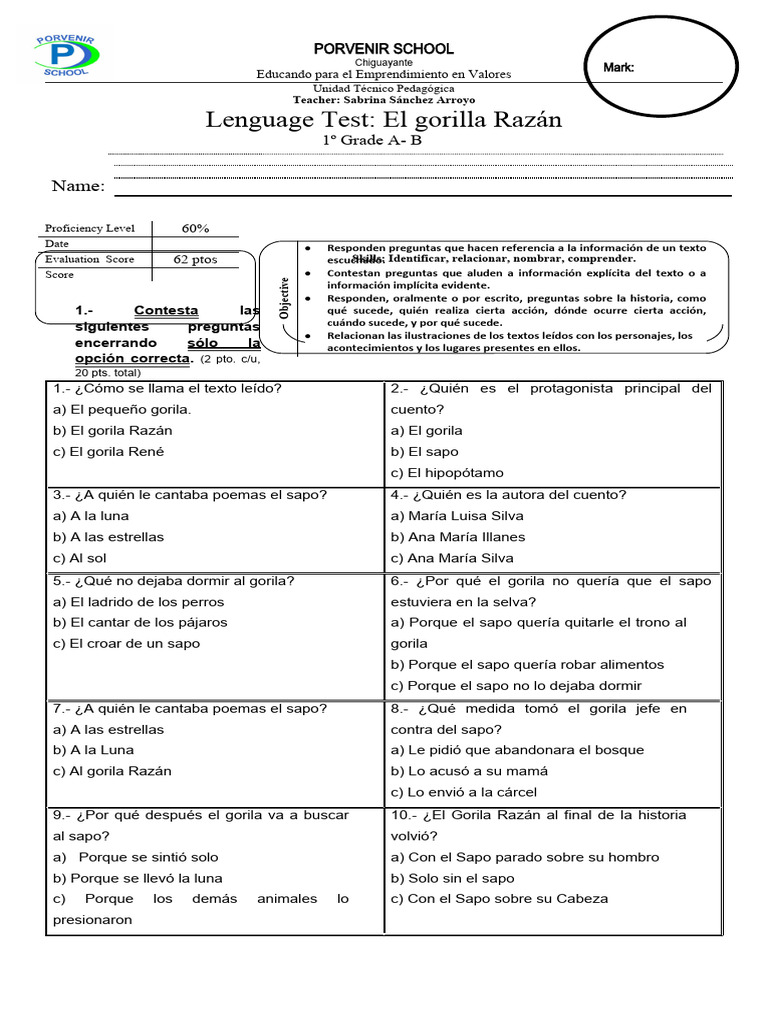 Evaluación Lectura Domiciliaria EL GORILA RAZÁN 1°A y 1° B | PDF