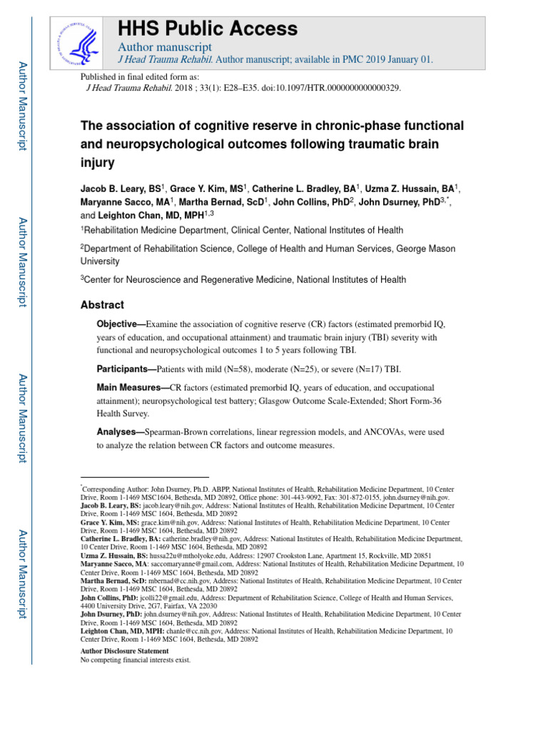The Association of Cognitive Reserve in Chronic-Phase Functional | PDF ...
