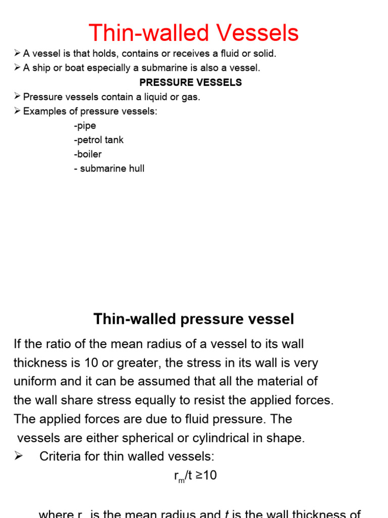 Stresses in Thin-Walled Pressure Vessels | PDF | Sphere | Mechanics