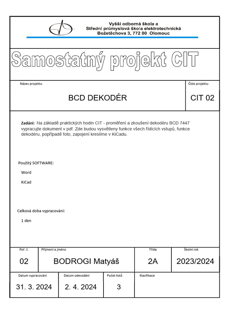 BCD Dekodér CIT 02: Zadání | PDF
