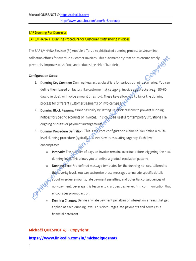 Dunning Procedure In Sap S 4hana Pdf Invoice Copyright