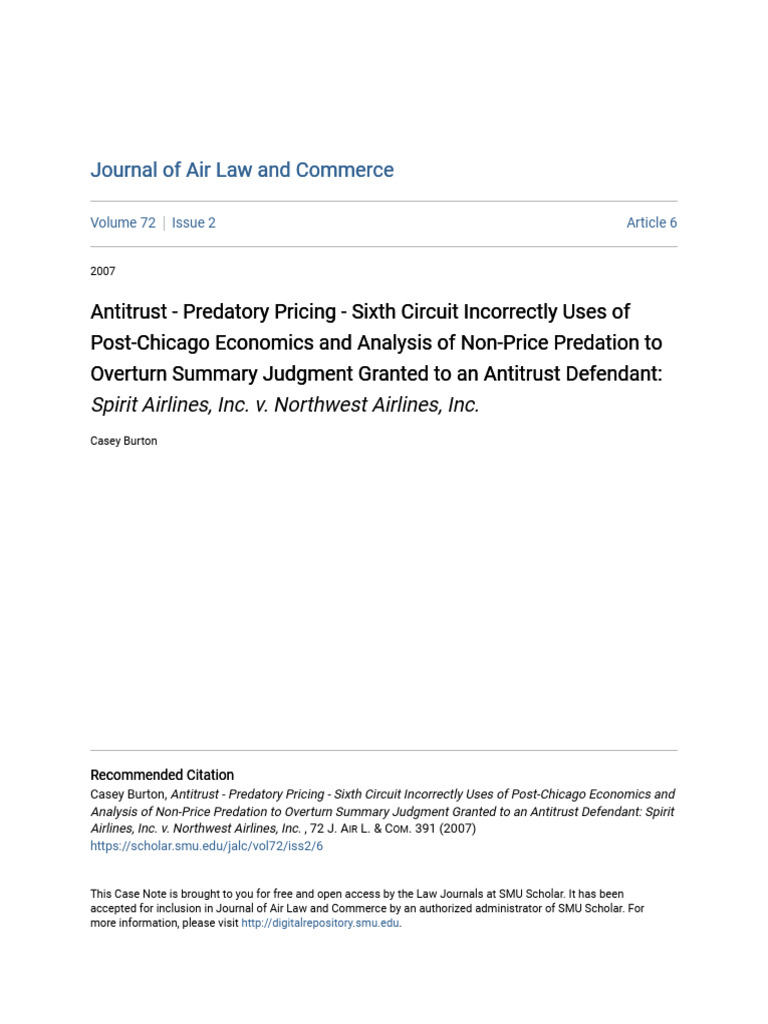 Antitrust - Predatory Pricing - Sixth Circuit Incorrectly Uses of | PDF | Sherman Antitrust Act ...