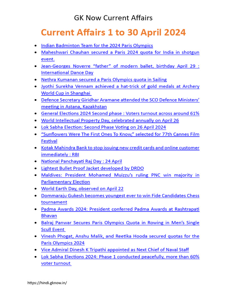 Current Affairs One Liner April 2024 | PDF