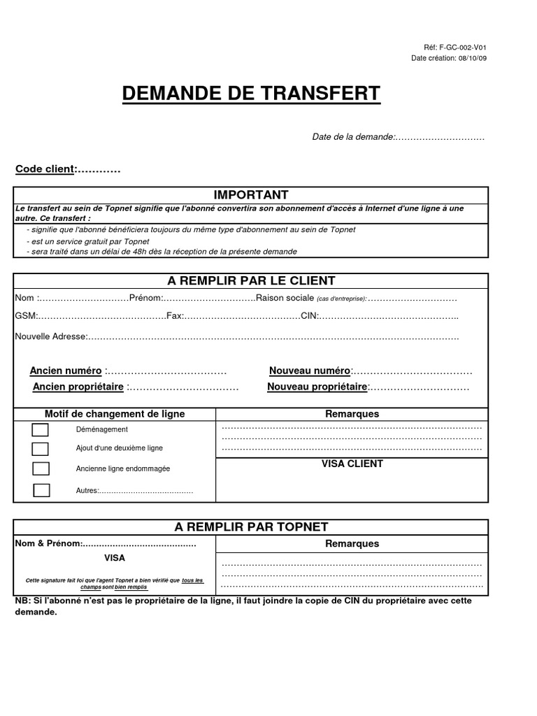 Demande de transfert Topnet simplifiée | PDF | Télécommunications ...