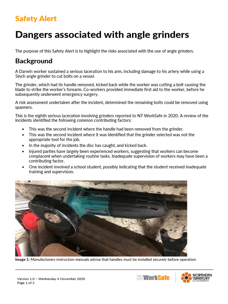 Angle Grinder Safety Risks and Guidelines | PDF | First Aid | Safety