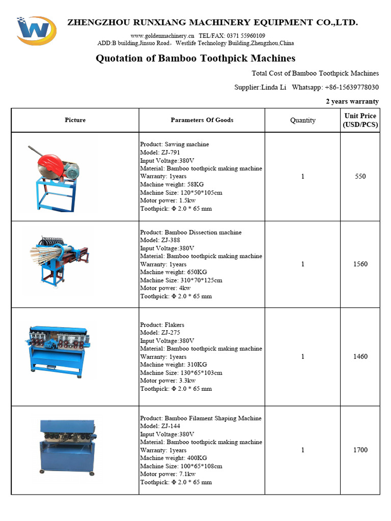 Bamboo Toothpick Machine Quotation | PDF