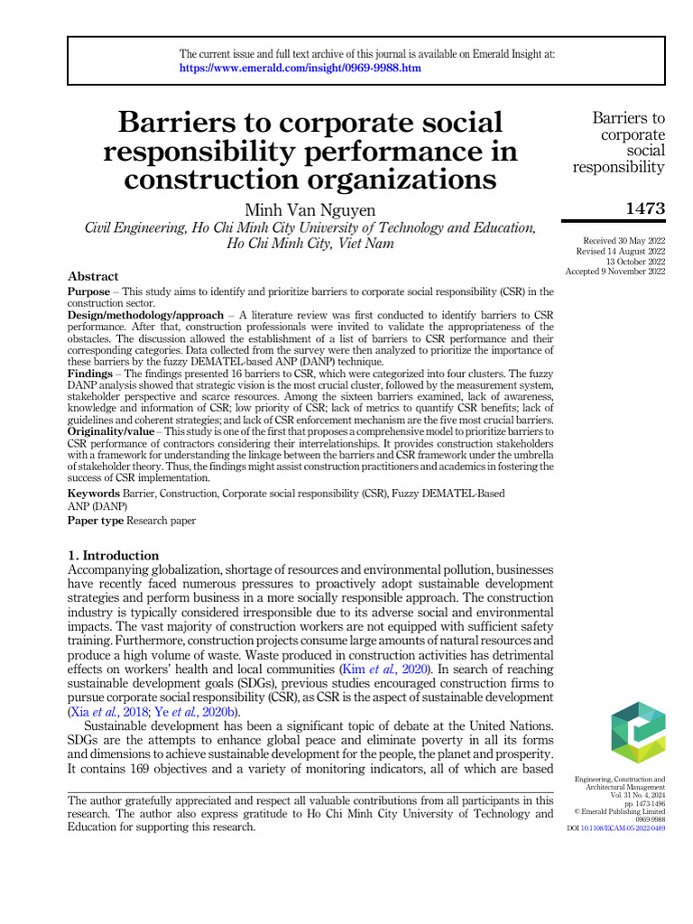 Barriers to CSR in construction organisation | PDF | Corporate Social ...