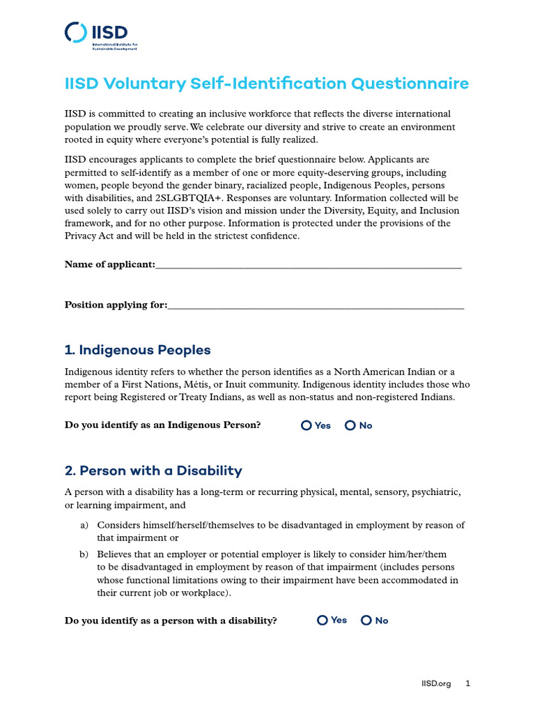Iisd Voluntary Self Identification Questionnaire | PDF | Gender ... Iisd Voluntary Self Identification Questionnaire | PDF | Gender ...