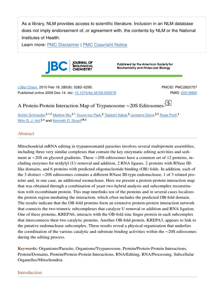 A Protein-Protein Interaction Map of Trypanosome ∼20S Editosomes - PMC ...