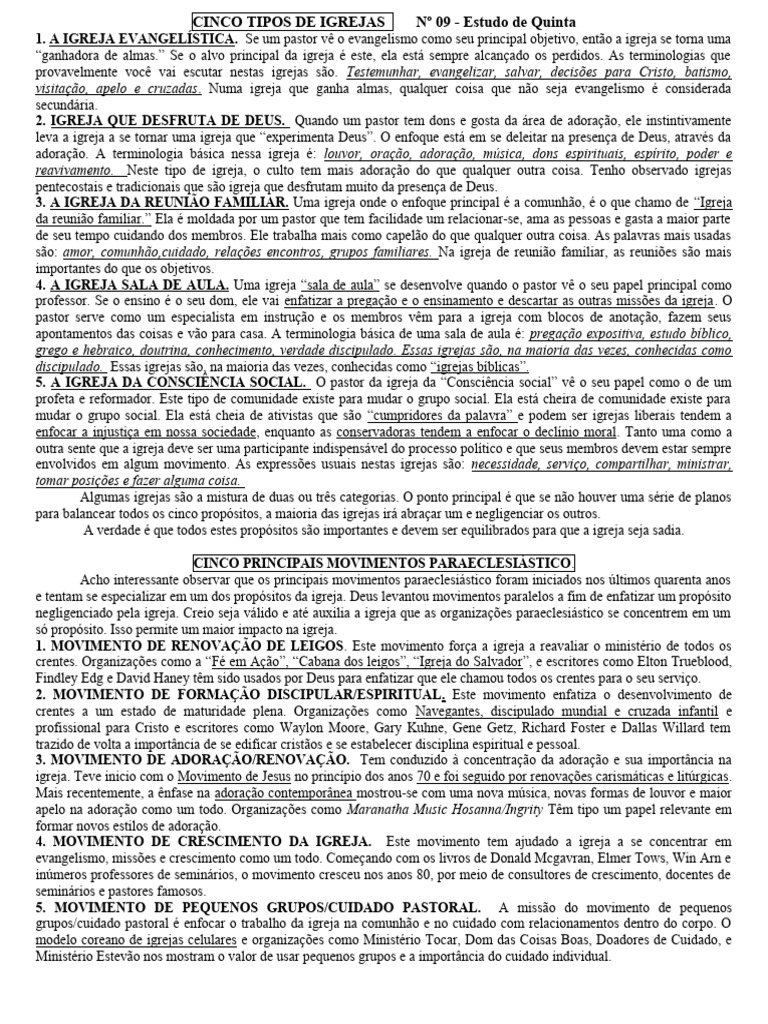Nº9 Cinco Tipos de Igrejas | PDF | Igreja cristã | Presente espiritual