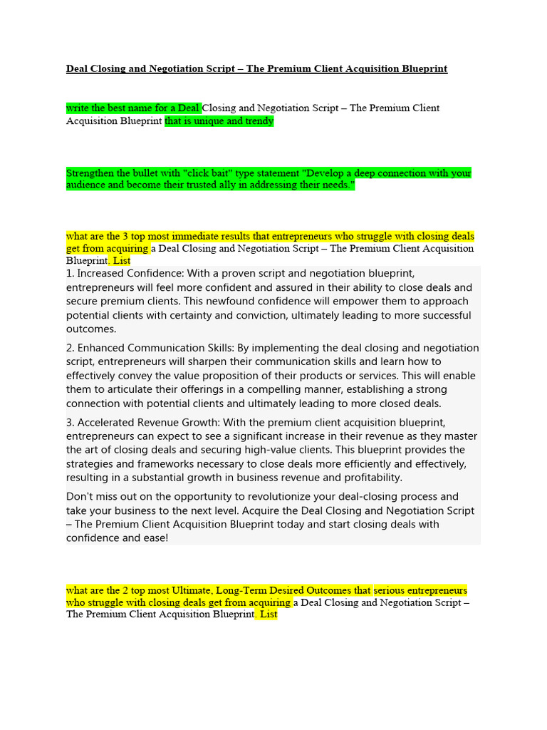 Closing Script Pdf Entrepreneurship Negotiation