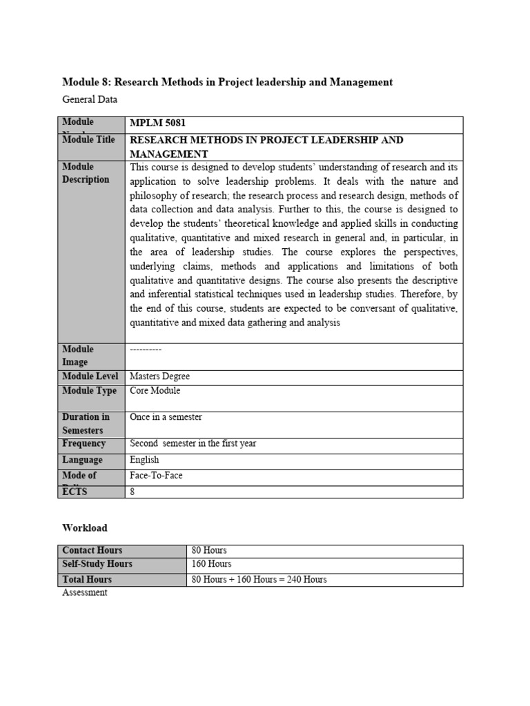 Course Outline RESEARCH METHODS IN PROJECT LEADERSHIP AND MANAGEMENT ...