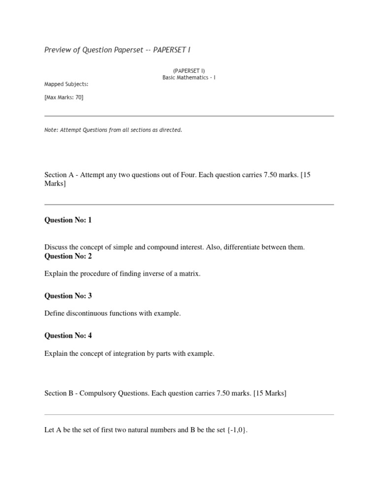 Basic Mathematics - 1 - Sample QP | PDF | Matrix (Mathematics) | Functions And Mappings