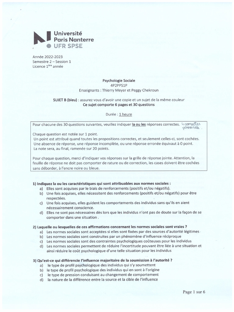 Partiel Psychologie Sociale 2022-2023 | PDF